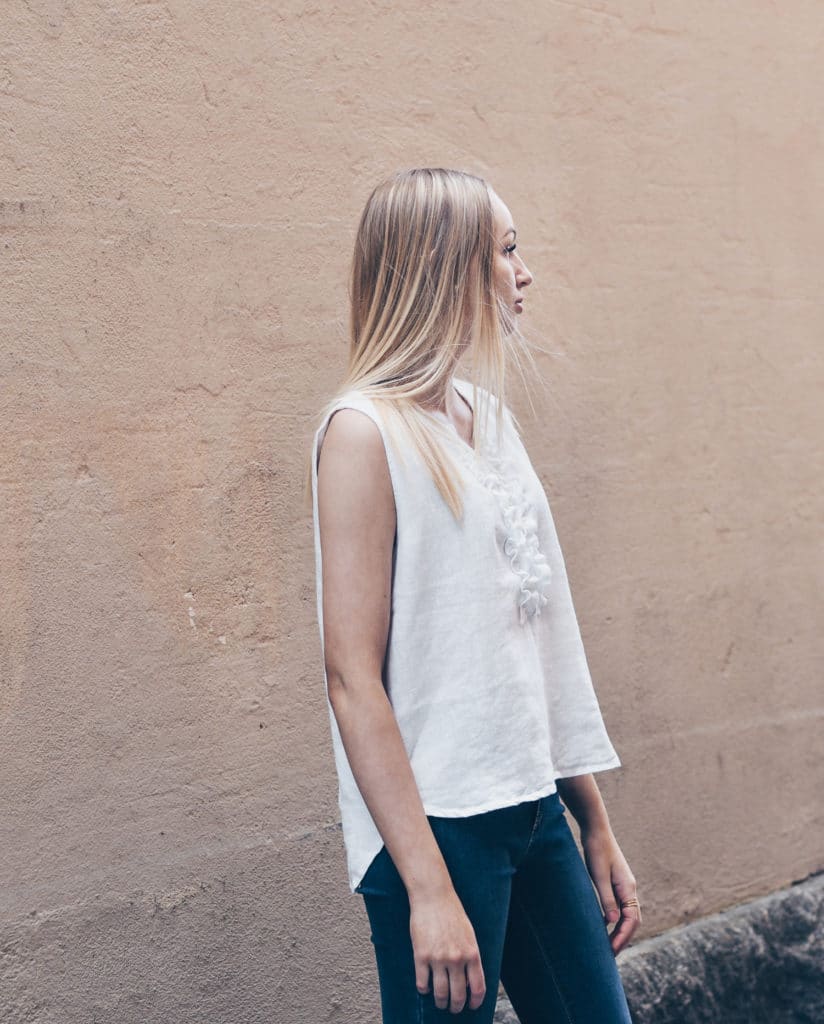 II-laatu | LINEN Ruffle Top -pellavatoppi, valkoinen | PURA Finland